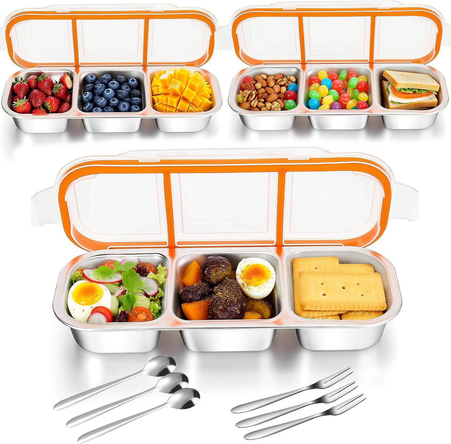 3 Pack Snack Containers with Leakproof Lids 304 Stainless Steel Bento ...