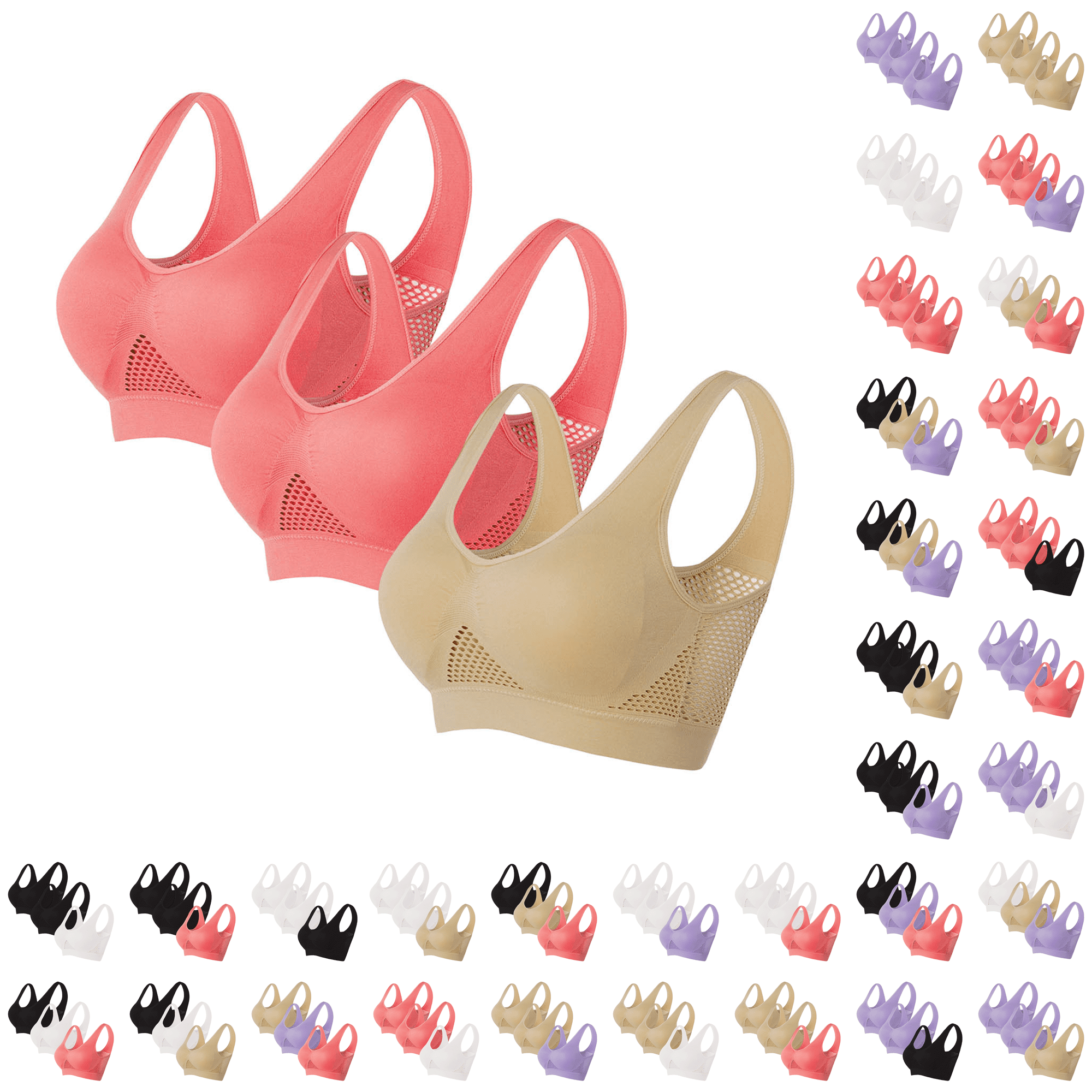 3 Pack Sports Bras for Women Plus Size Seamless Wirefree Wide Strap ...