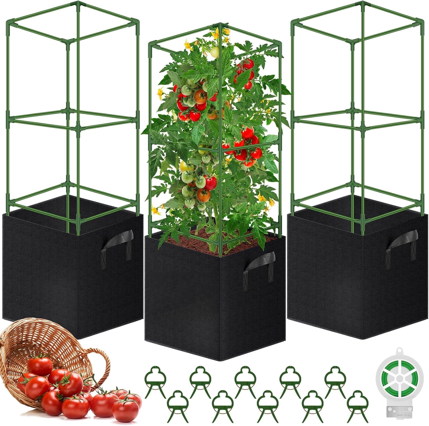 3 Pack Square Tomato Cages with 15 Gallon Grow Bags, 46'' Upgraded ...