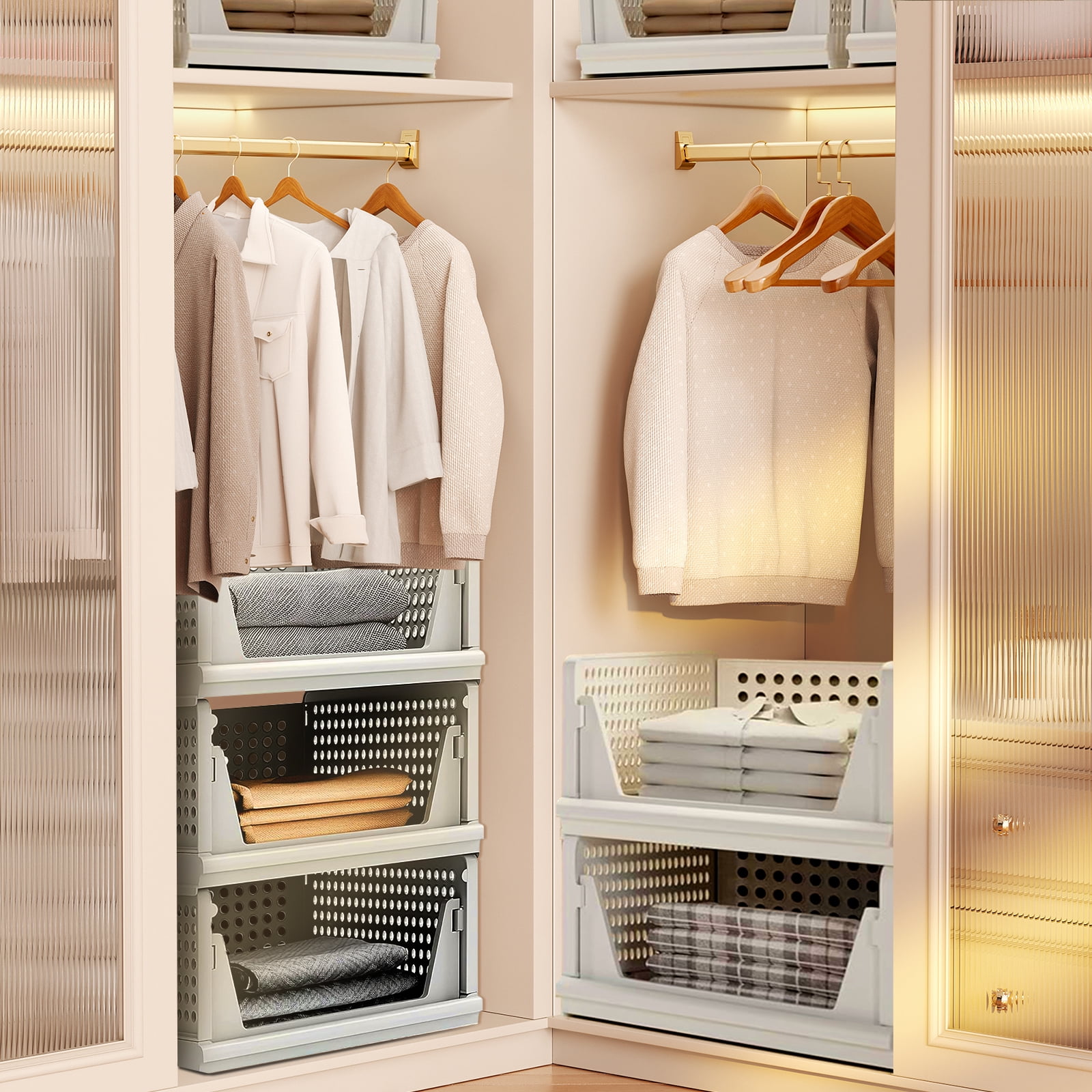 3 Pack Stackable Plastic Storage Basket Bin Shelf Box for Closet ...