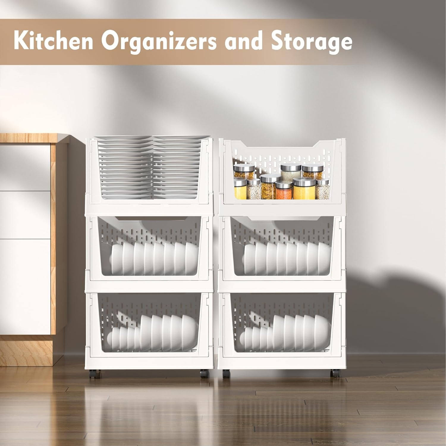 Stackable Plastic Storage Bins with Wheels, 3 Pack Foldable Closet ...