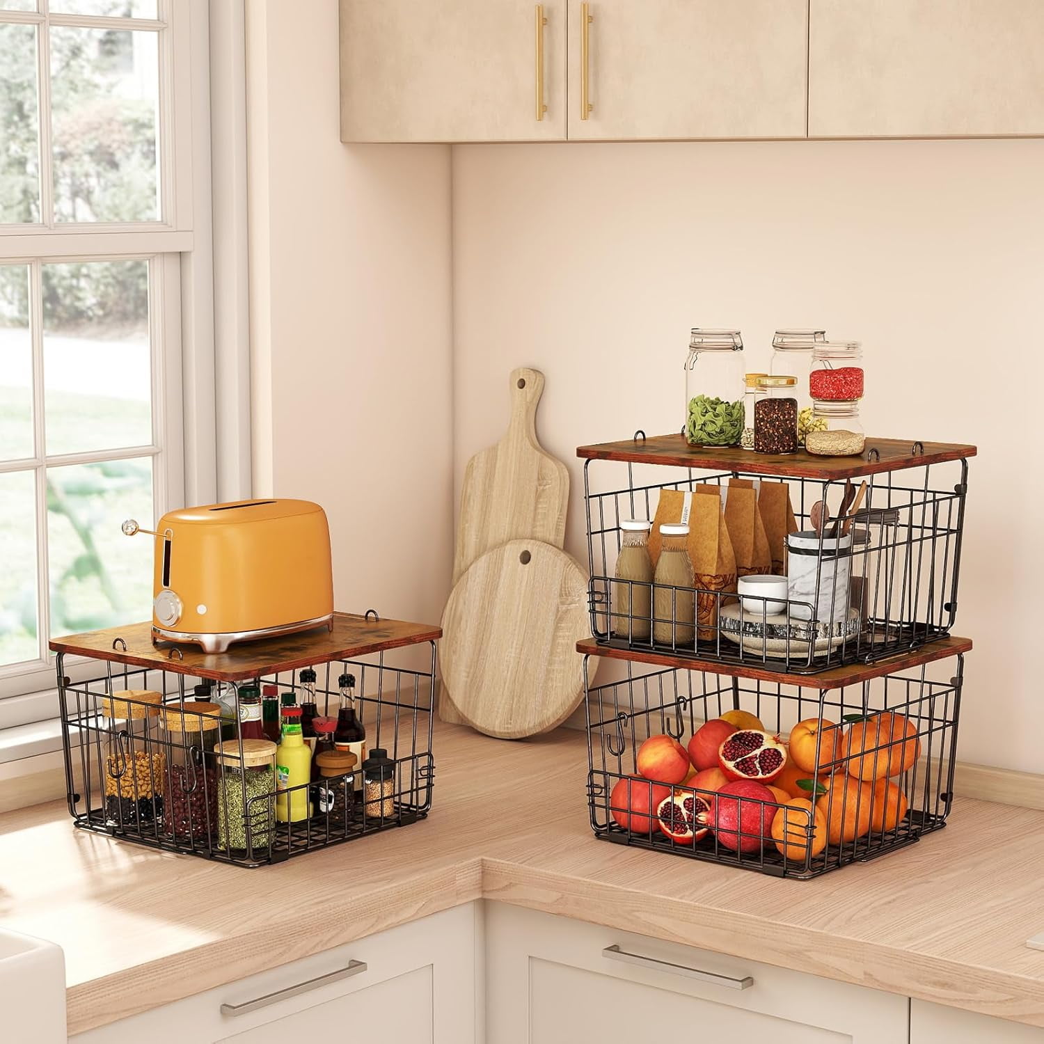3 Pack Stackable Wire Basket with Wood Top, Pantry Organizer and ...