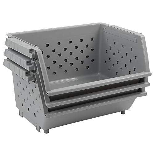 3 Pack Stacking Open Front Storage Bins, Gray Stackable Pantry Basket ...