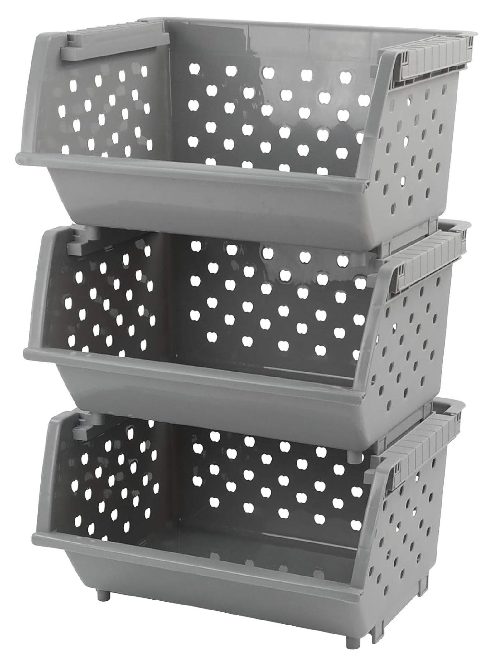 3 Pack Stacking Open Front Storage Bins, Gray Stackable Pantry Basket ...
