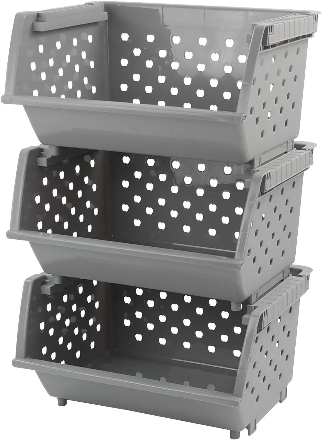 3 Pack Stacking Open Front Storage Bins, Gray Stackable Pantry Basket ...
