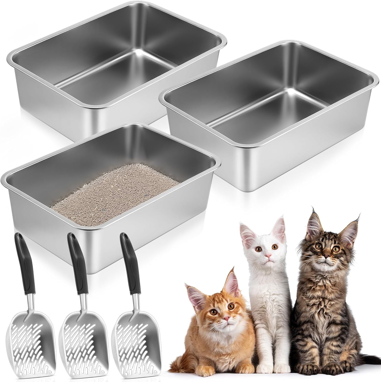 3 Pack Stainless Steel Cat Litter Box with 3 Pcs Litter Scoop Litter ...