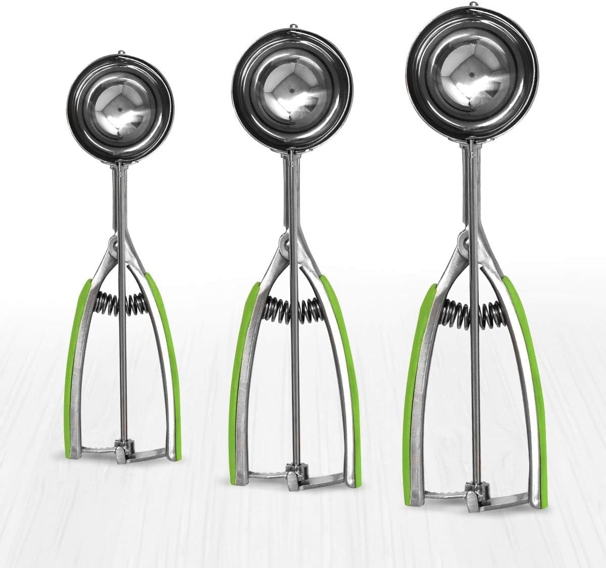 3 Pack Stainless Steel Ice Cream and Cookie Scoops | With Green Rubber ...