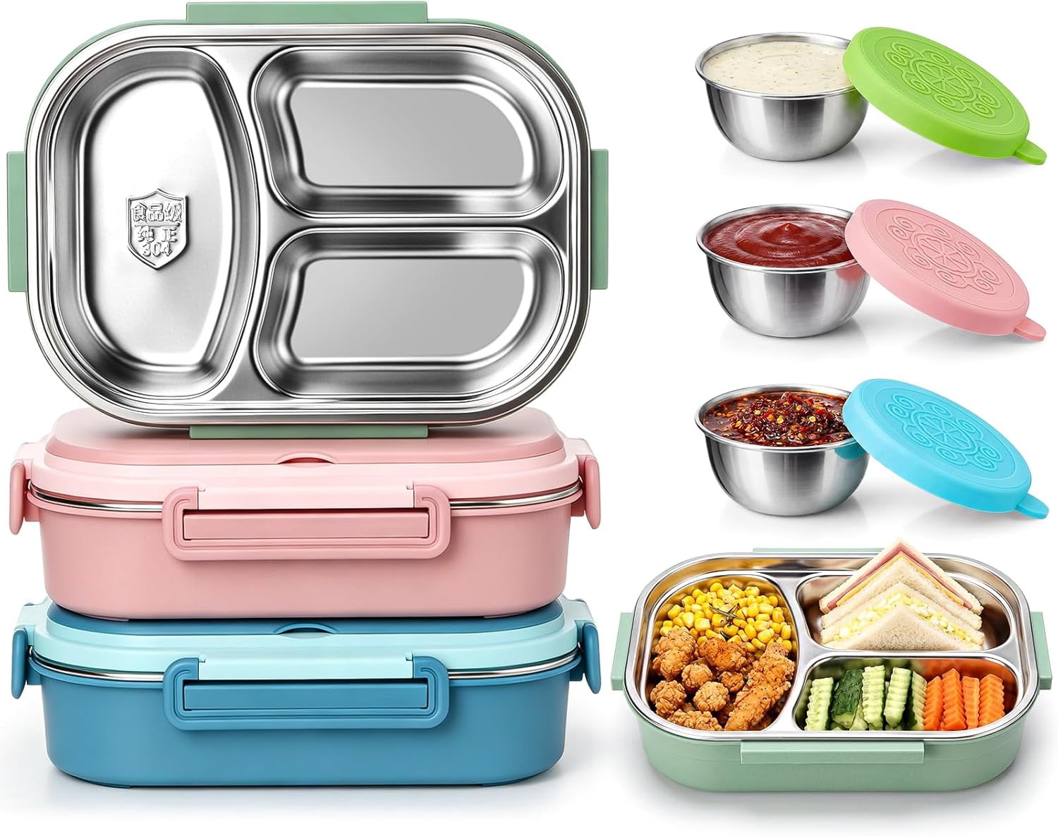 3 Pack Stainless Steel Lunch Boxes Includes 3 Lidded Condiment Cups, 3 ...