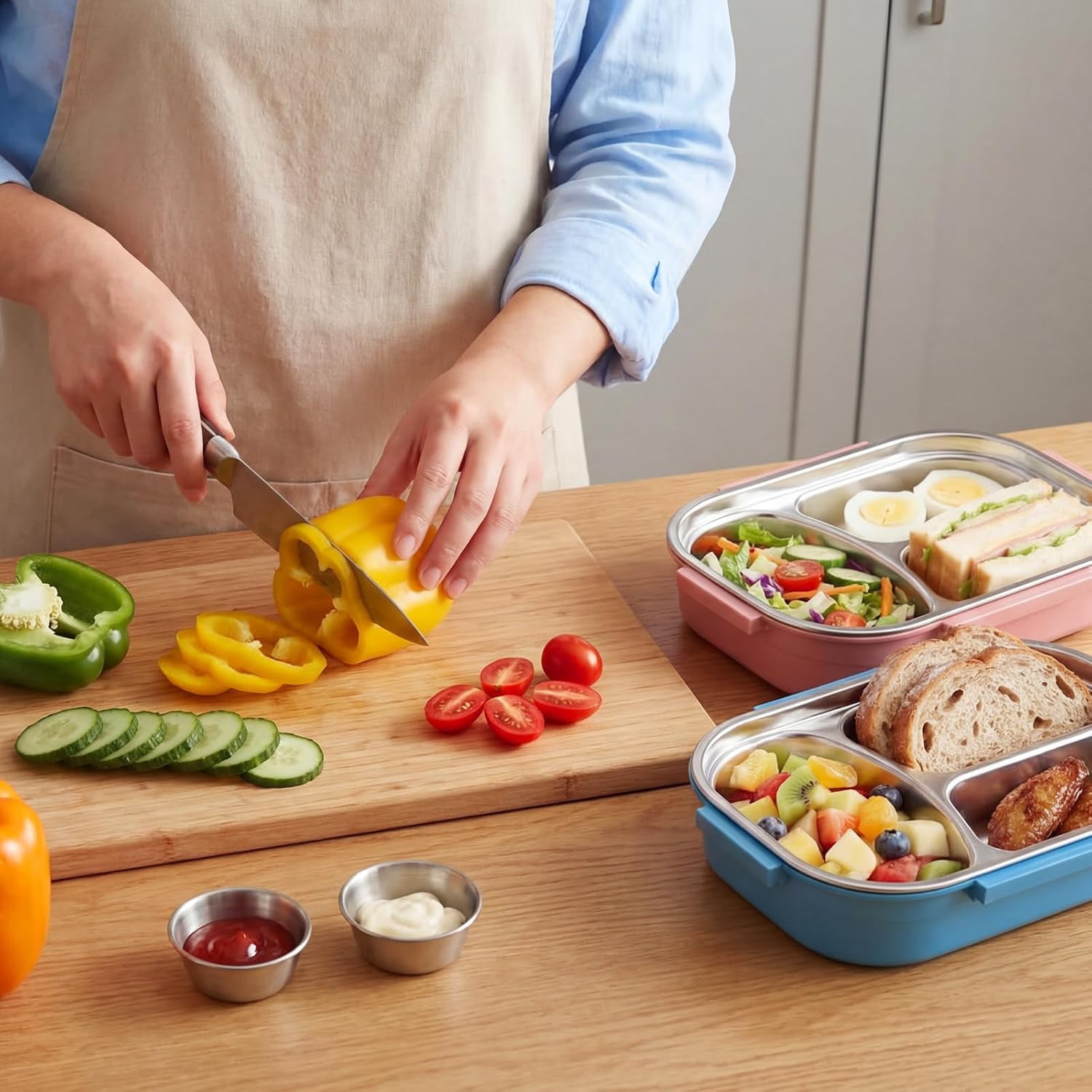 3 Pack Stainless Steel Lunch Boxes with Lidded Condiment Cups, 3 ...