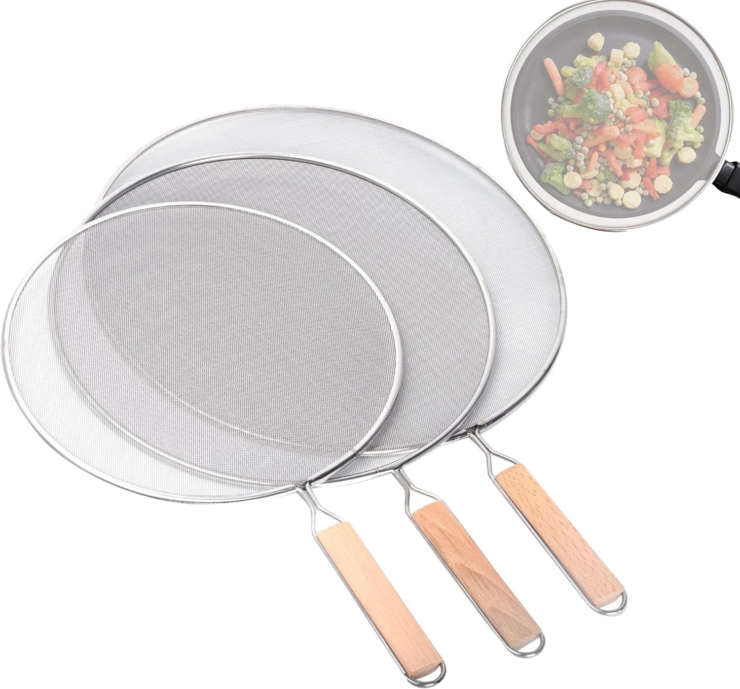 3 Pack Stainless Steel Mesh Splatter Screen for Frying Pan with Wood ...