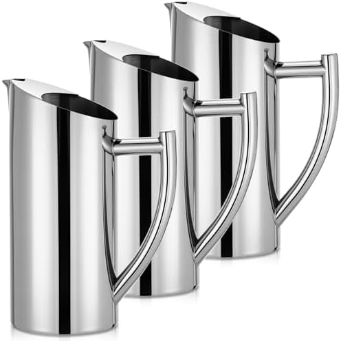 3 Pack Stainless Steel Pitcher with Ice Guard, 33 oz Silver Beveled ...