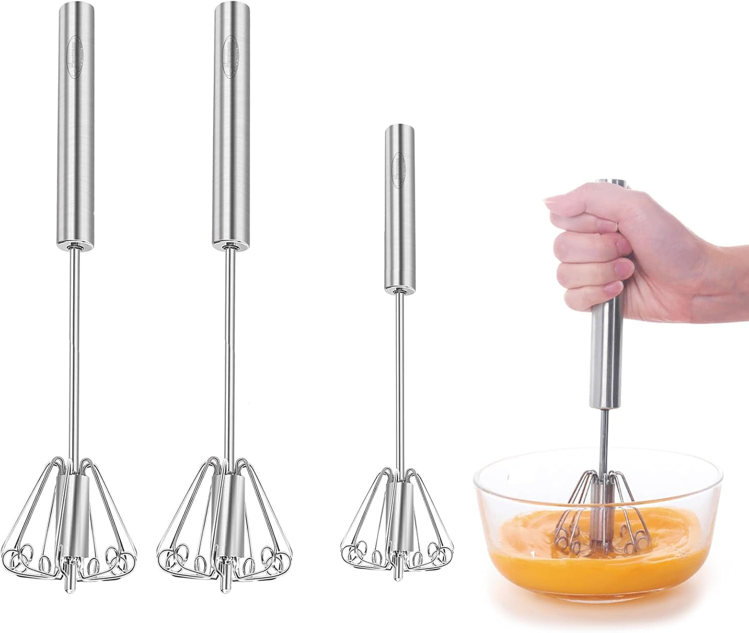 3 Pack Stainless Steel Semi Automatic Whisk, [10in & 12in] Hand Push ...