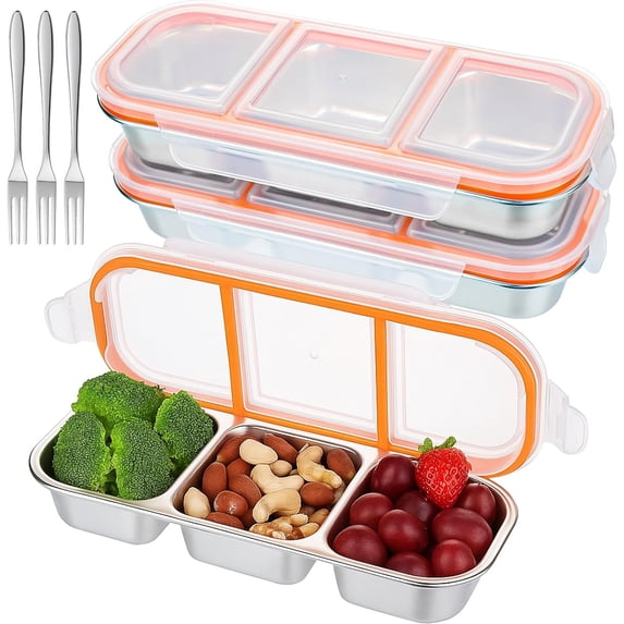 3 Pack Stainless Steel Snack Containers 3 Compartment Metal Lunch Box ...