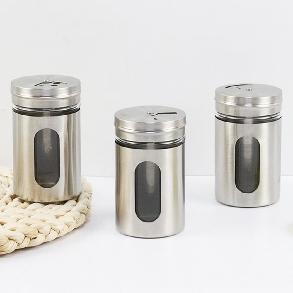 3 Pack Stainless Steel Spice Shakers with Window - Glass Spice Jars ...
