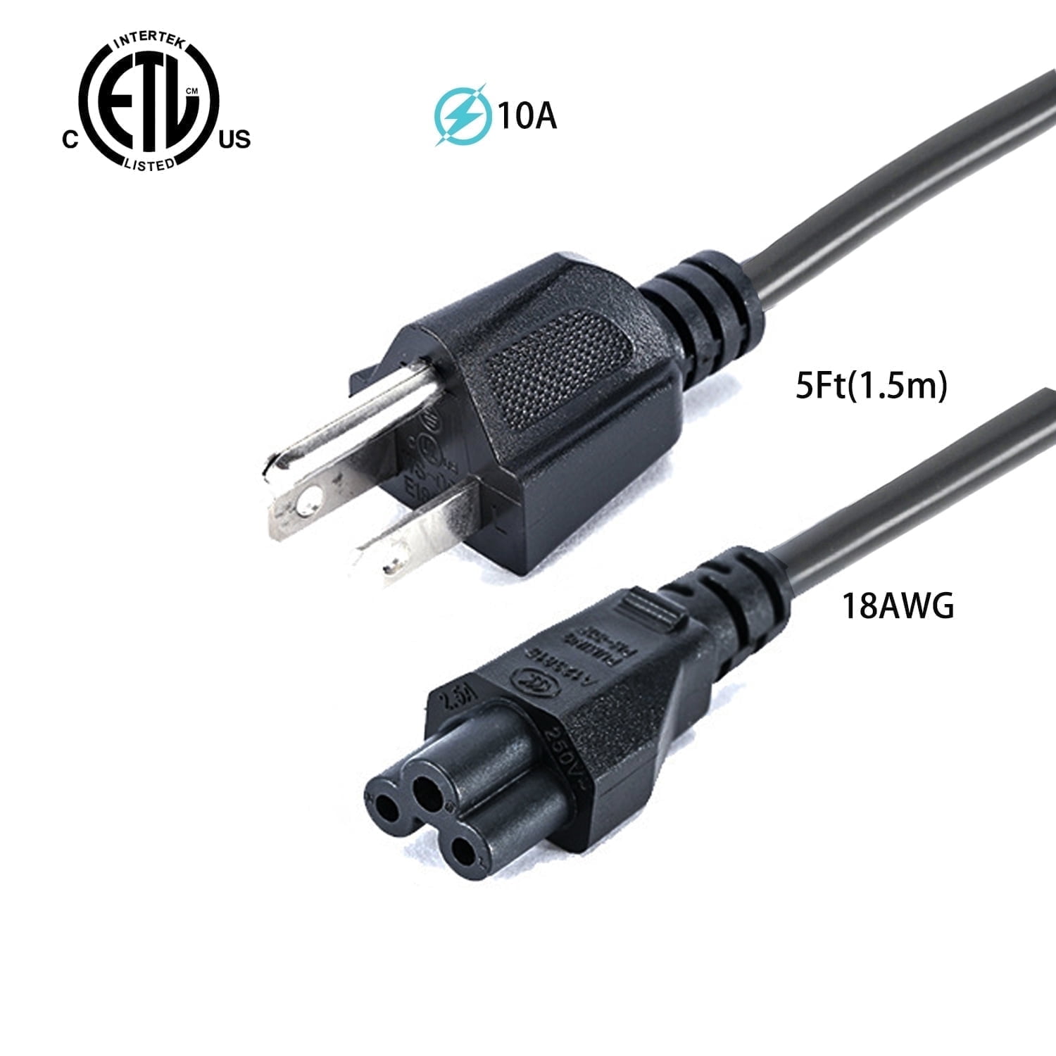 3 Pack,Standard 5ft (1.5m) 10 Amps 125 Volts Black 3 Prong IEC C5 ...