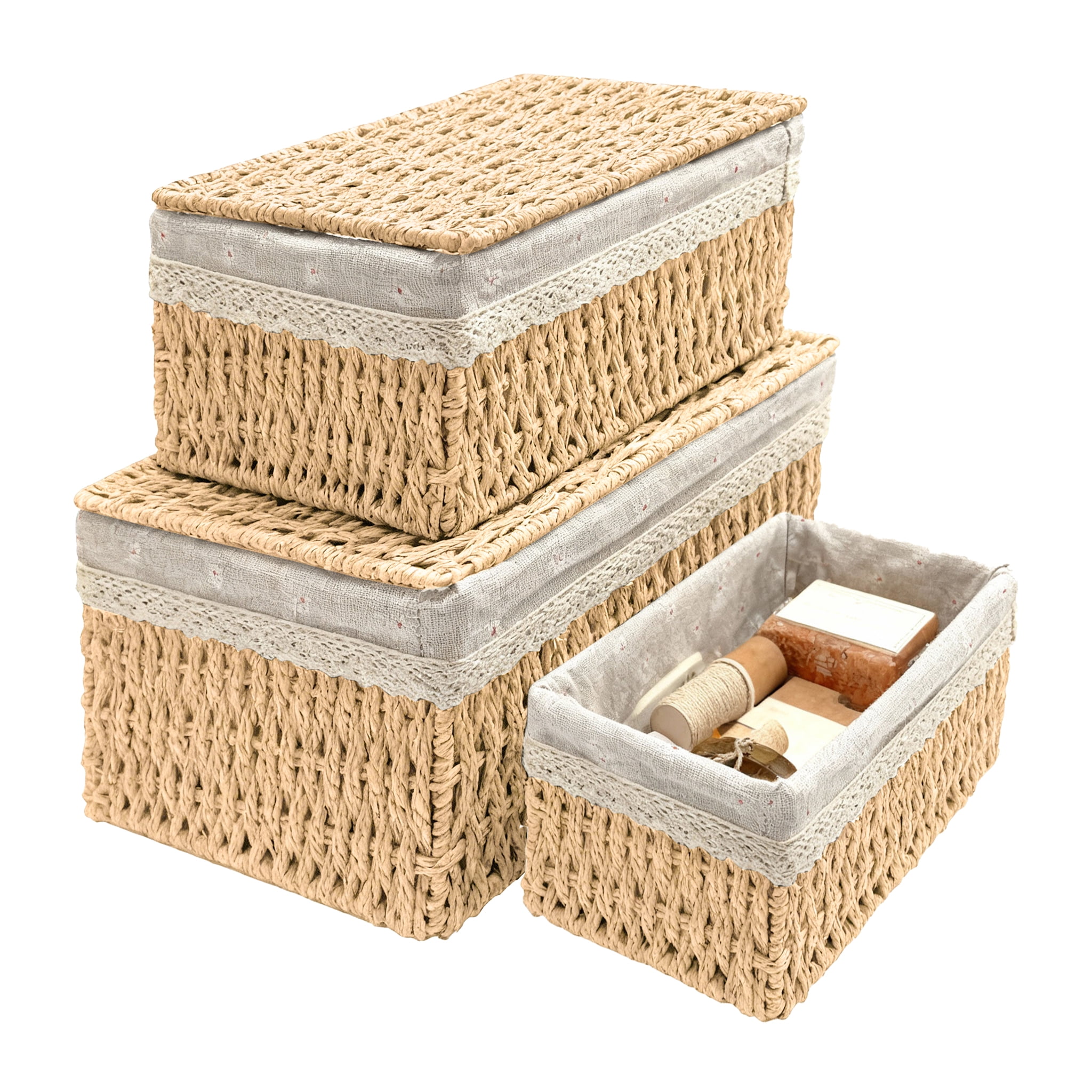 3-Pack Storage Basket with Lid - Fabric Lined Natural Paper Rope Wicker ...