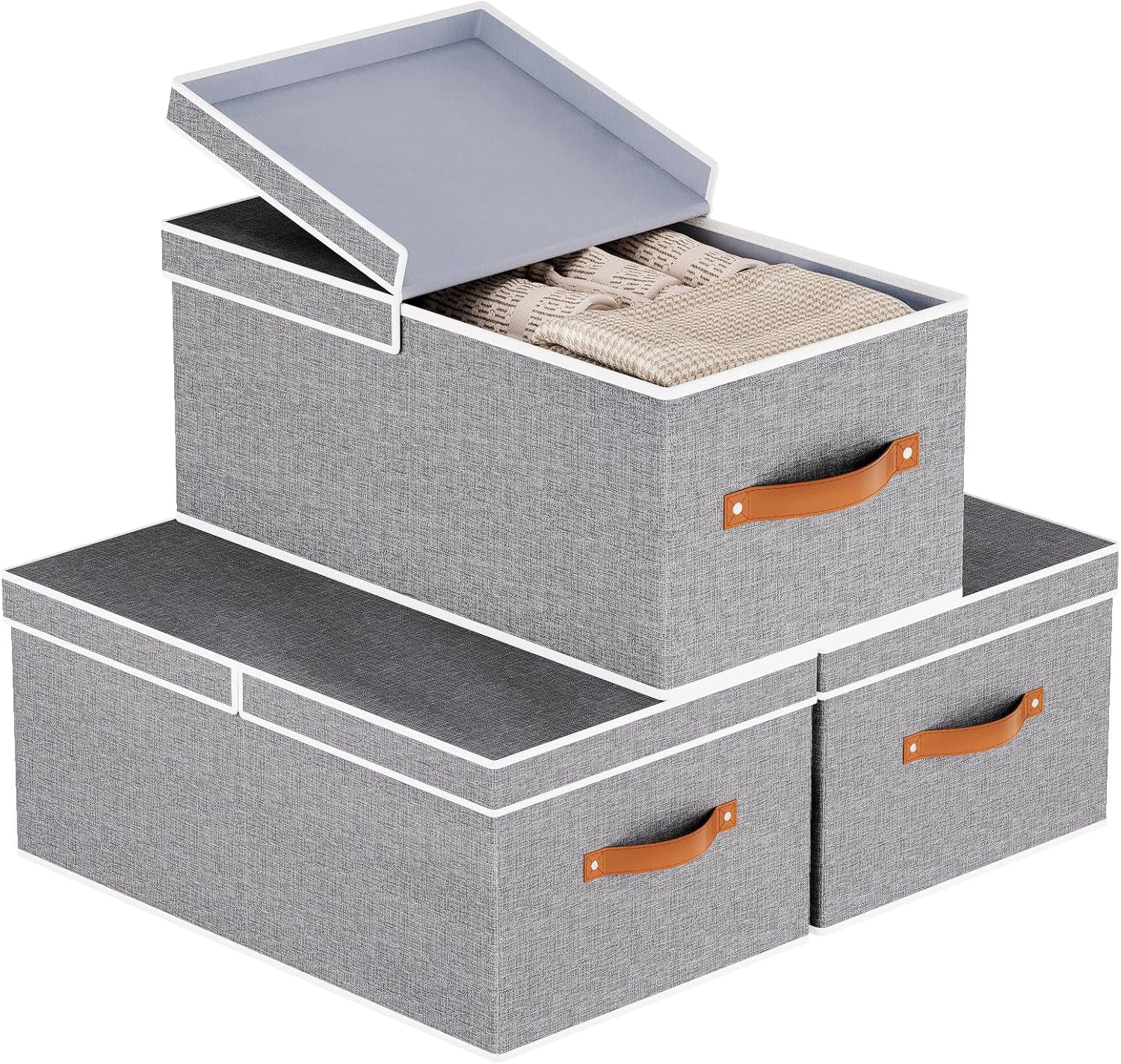 3-Pack Storage Boxes, Foldable Blanket Basket with Detachable Lid ...