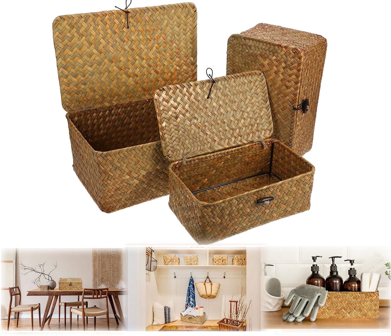 3 Pack Storage Boxes, Large Storage Bins with Lids, Wicker Storage ...