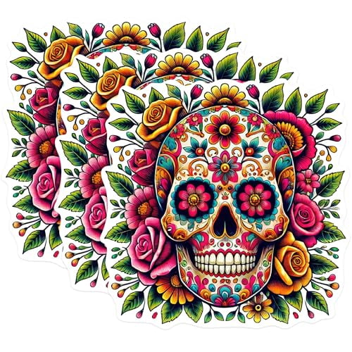 (3 Pack) Sugar Skull Decals - Floral Skull Stickers - Day of The Dead ...