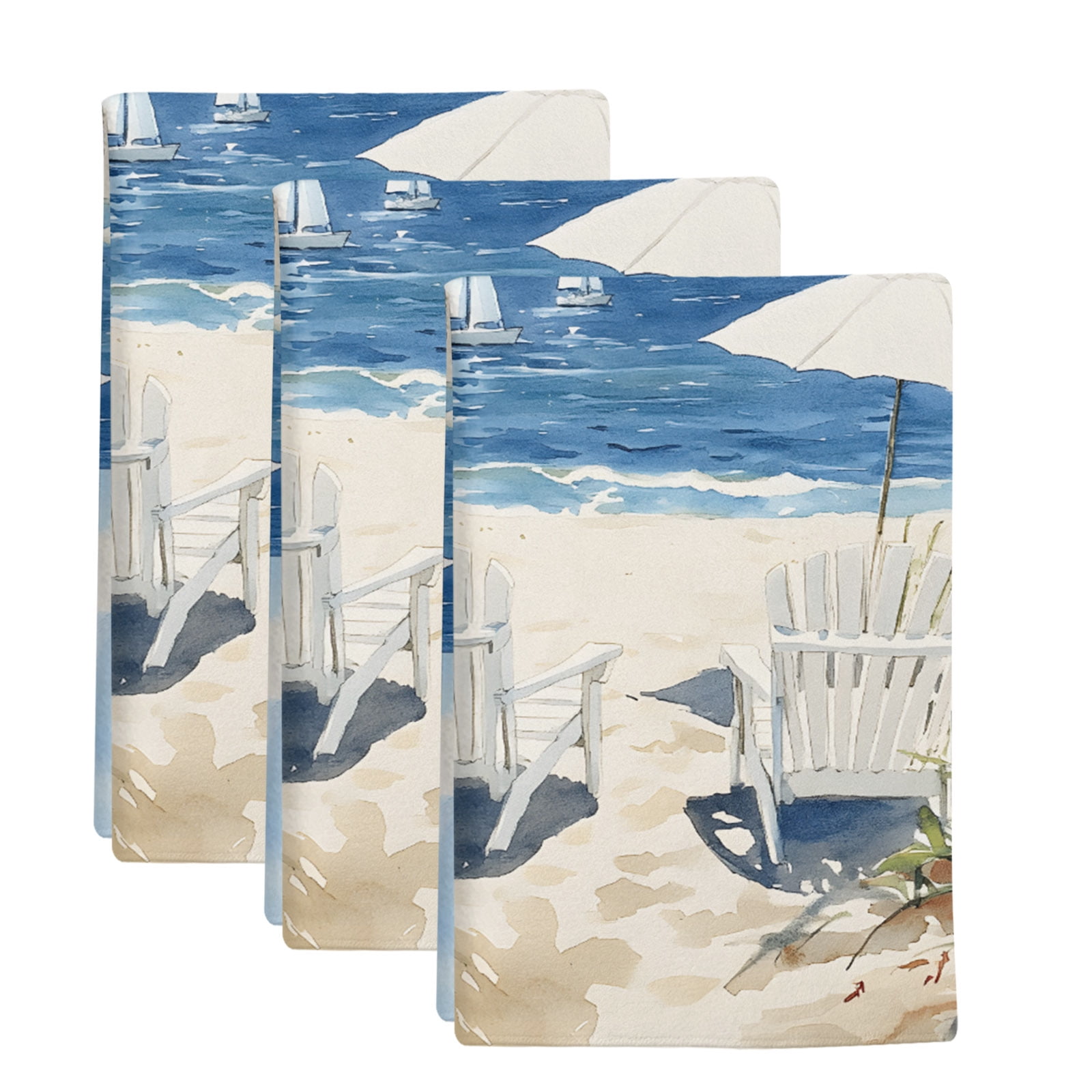 3 Pack Summer Beach Kitchen Towels Sun Umbrella Ship Watercolor Beach ...