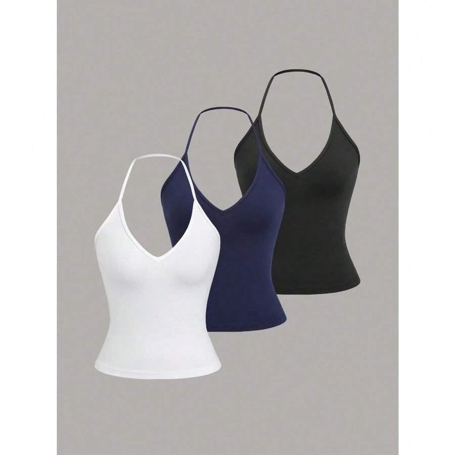 3-Pack Summer Casual Halter Neck Backless Camisole Top Set - Multicolor ...