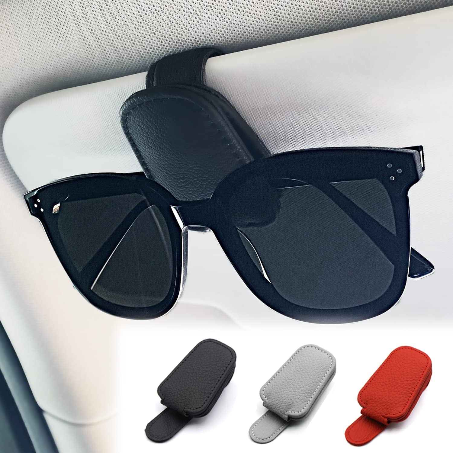 3 Pack Sunglasses Clip for Car Sun Visor, Magnetic Leather Glasses ...