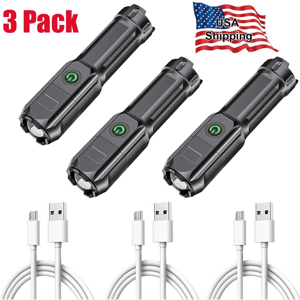 3 Pack Super Bright USB 990000Lm Led Flashlight Rechargeable Tactical ...