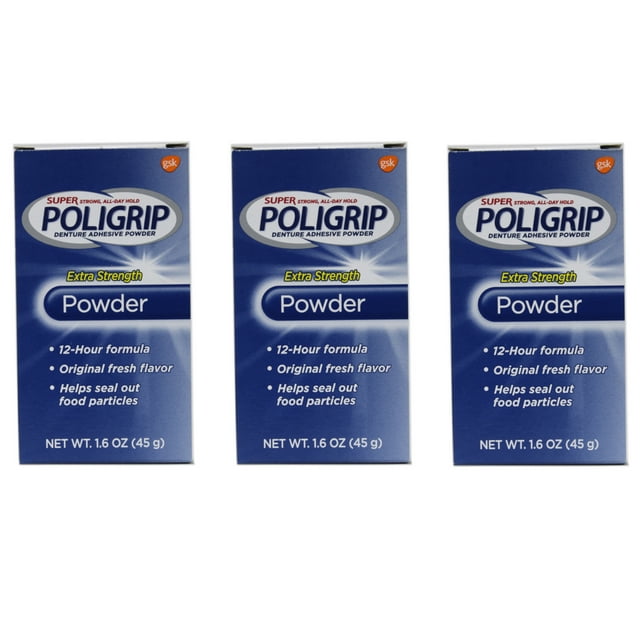 Super Poligrip 3 Pack Extra Strength Zinc-Free Denture Adhesive Powder ...