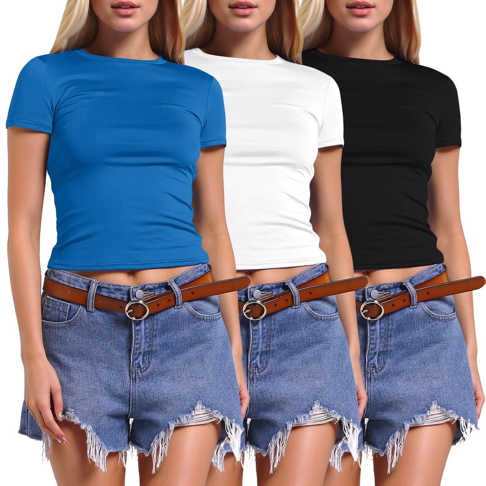 3 Pack T Shirts for Women Short Sleeve Skinny Stretchy Soft Basic Tops ...