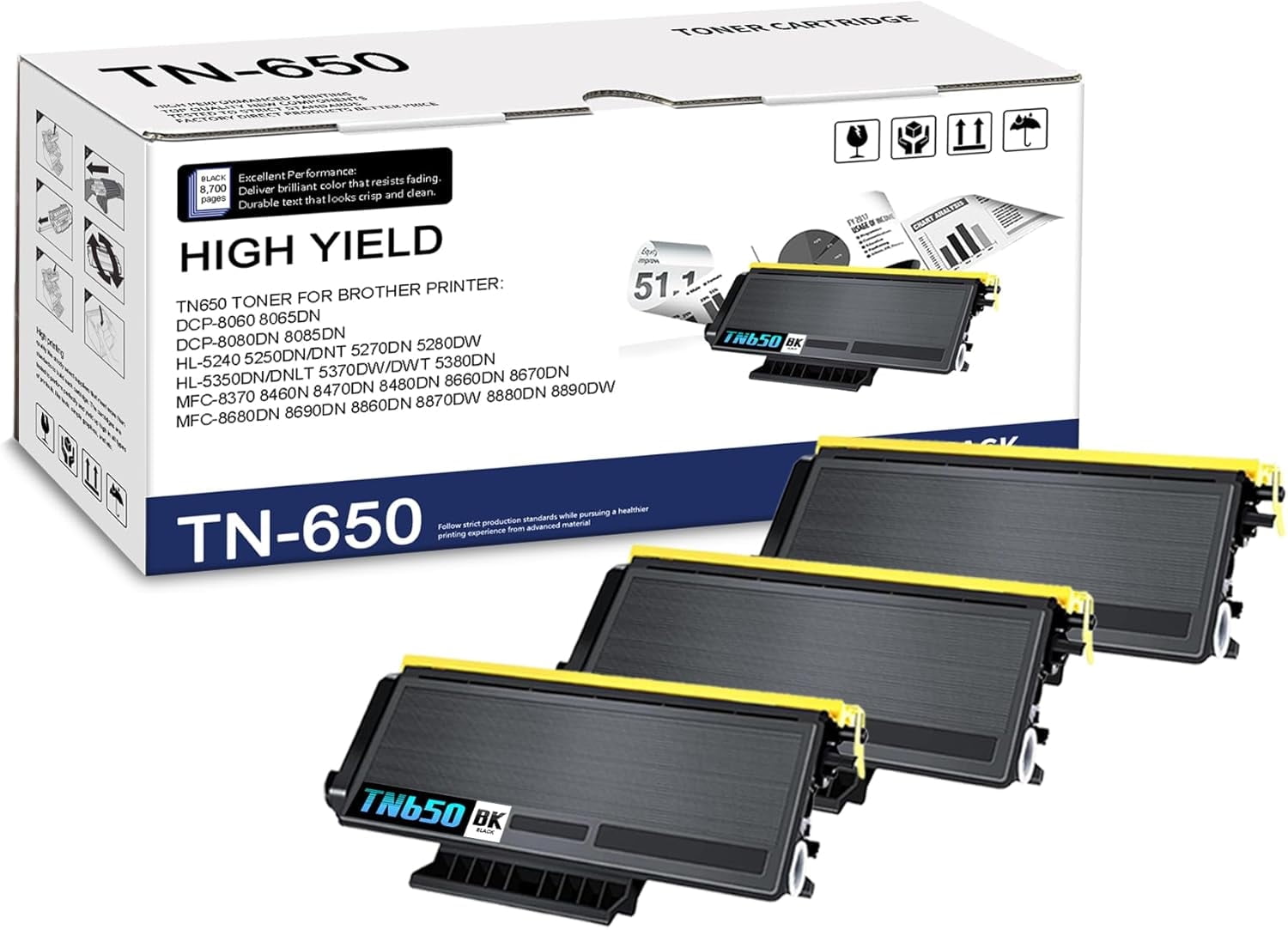 3-Pack TN650 High Yield Black Toner Cartridge, Replacement for Brother ...