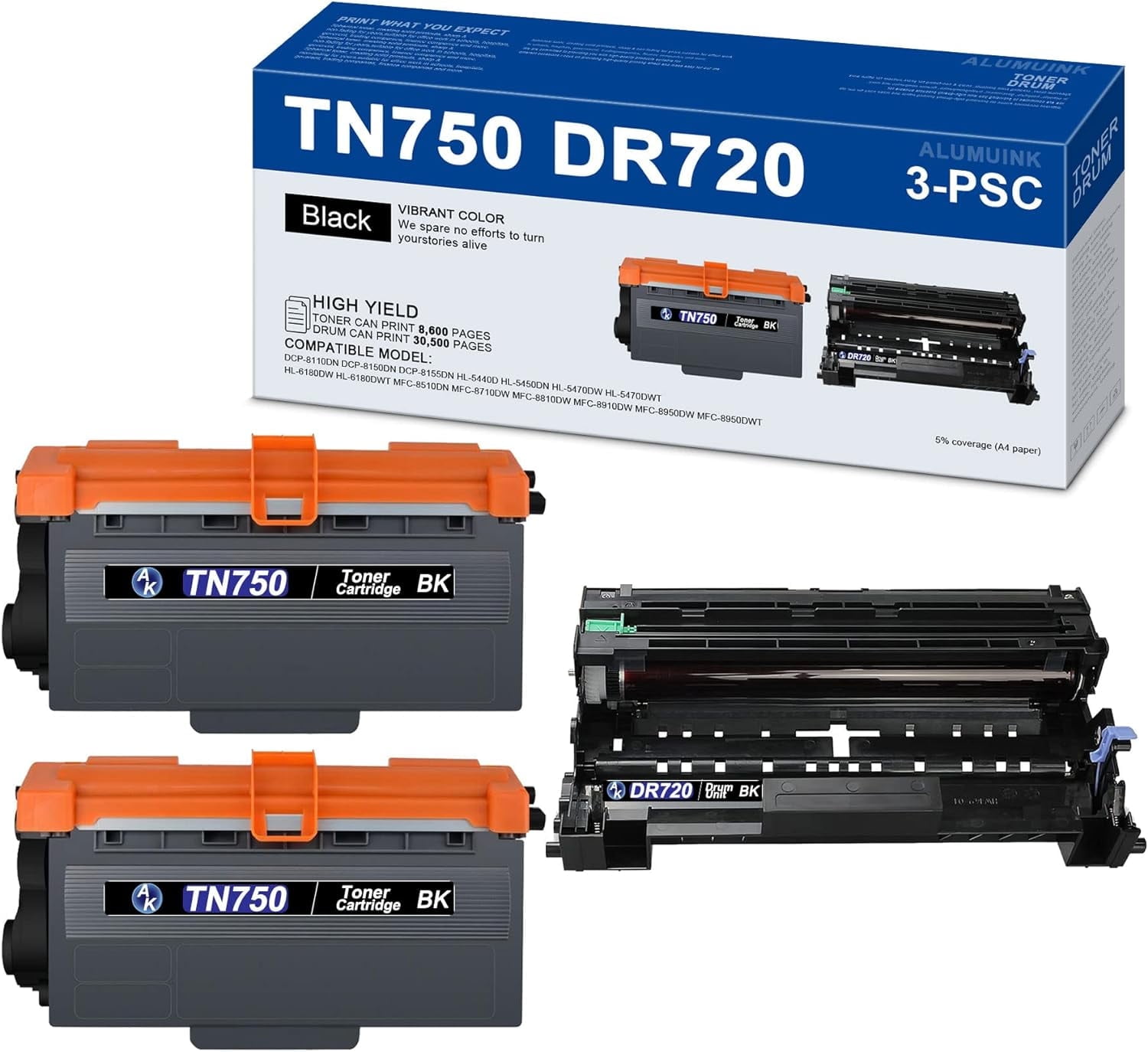 3 Pack TN750 TN-750 DR720 DR-720 High Yield Compatible Drum Unit ...
