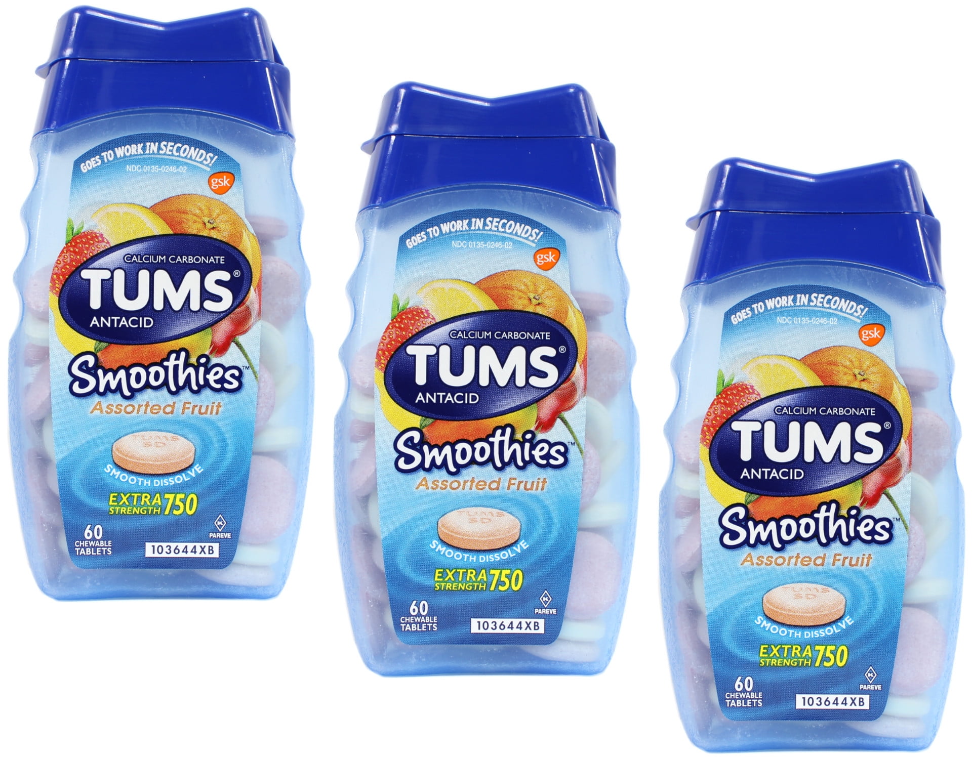 3 Pack - TUMS Smoothies Antacid/Calcium Supplement, Assorted Fruit, 60 ...