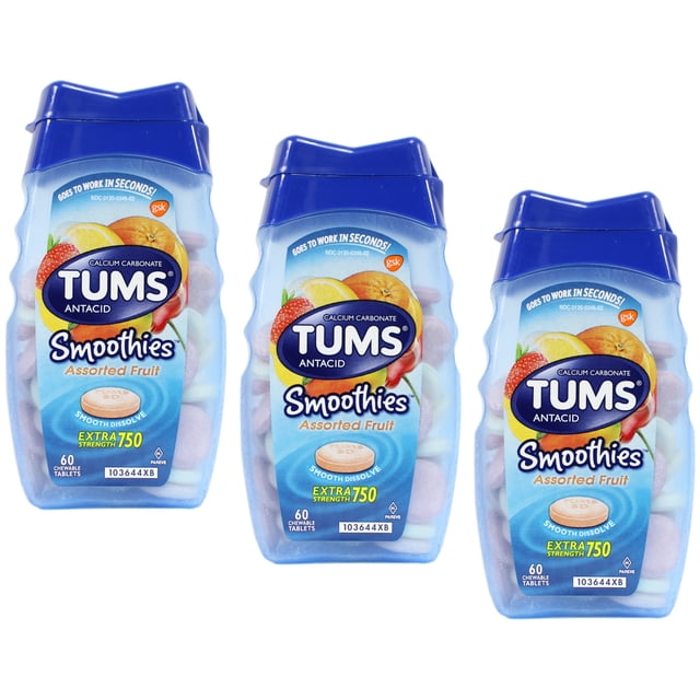 3 Pack - TUMS Smoothies Antacid/Calcium Supplement, Assorted Fruit, 60 ...