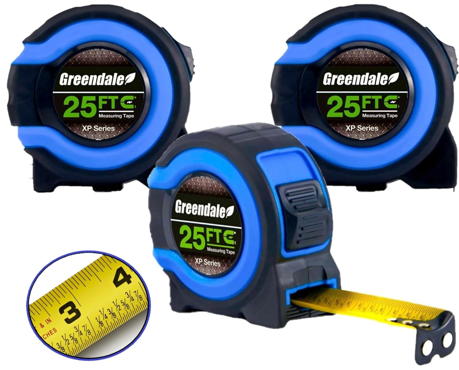 3 Pack - Tape Measures 25 ft - Easy to Read Fractions to 1/8th inch ...
