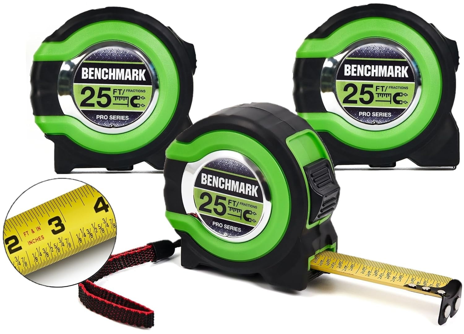 3 Pack - Tape Measures 25 ft - Easy to Read Fractions to 1/8th inch ...