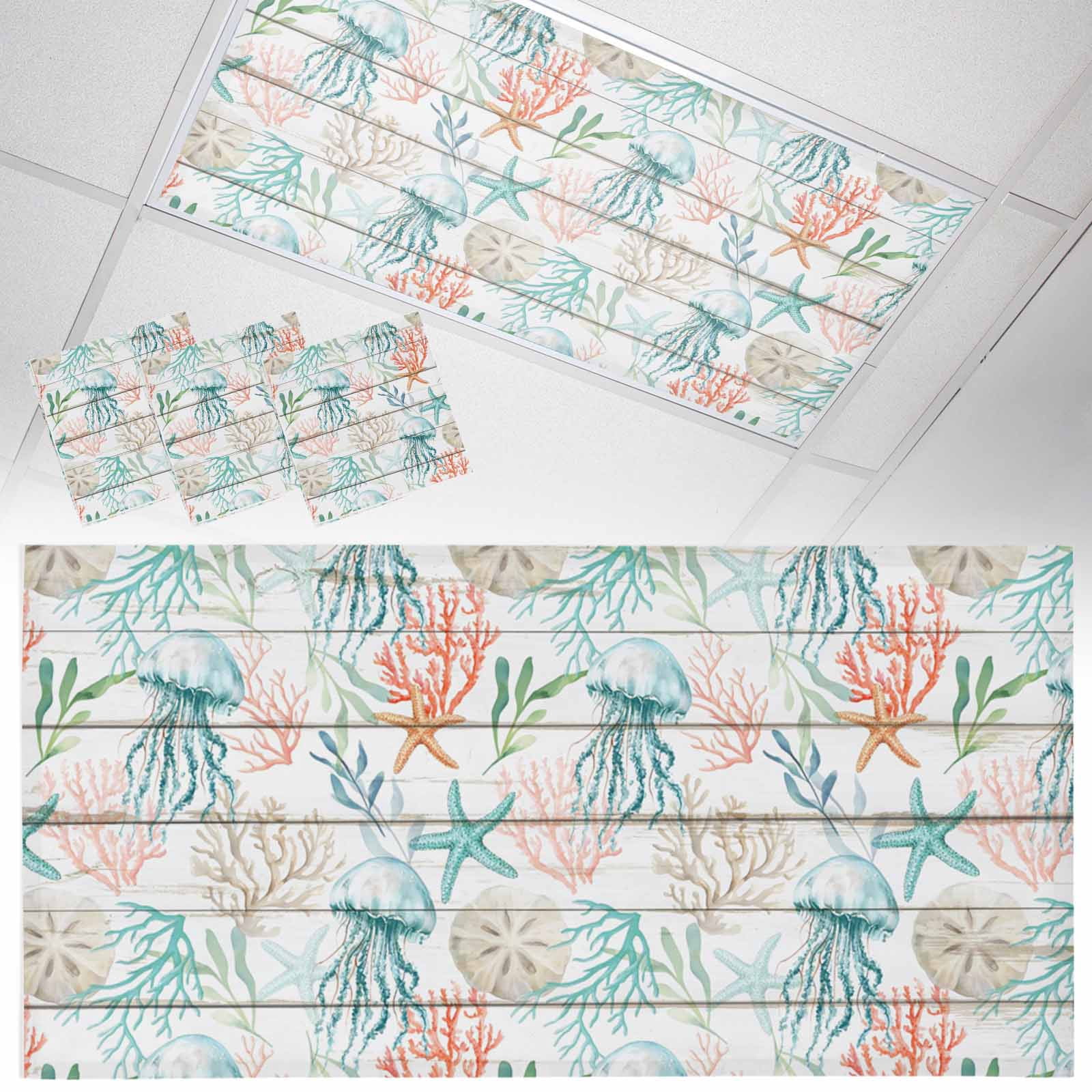 3 Pack Teal Jellyfish Starfish Fluorescent Light Covers for Ceiling ...