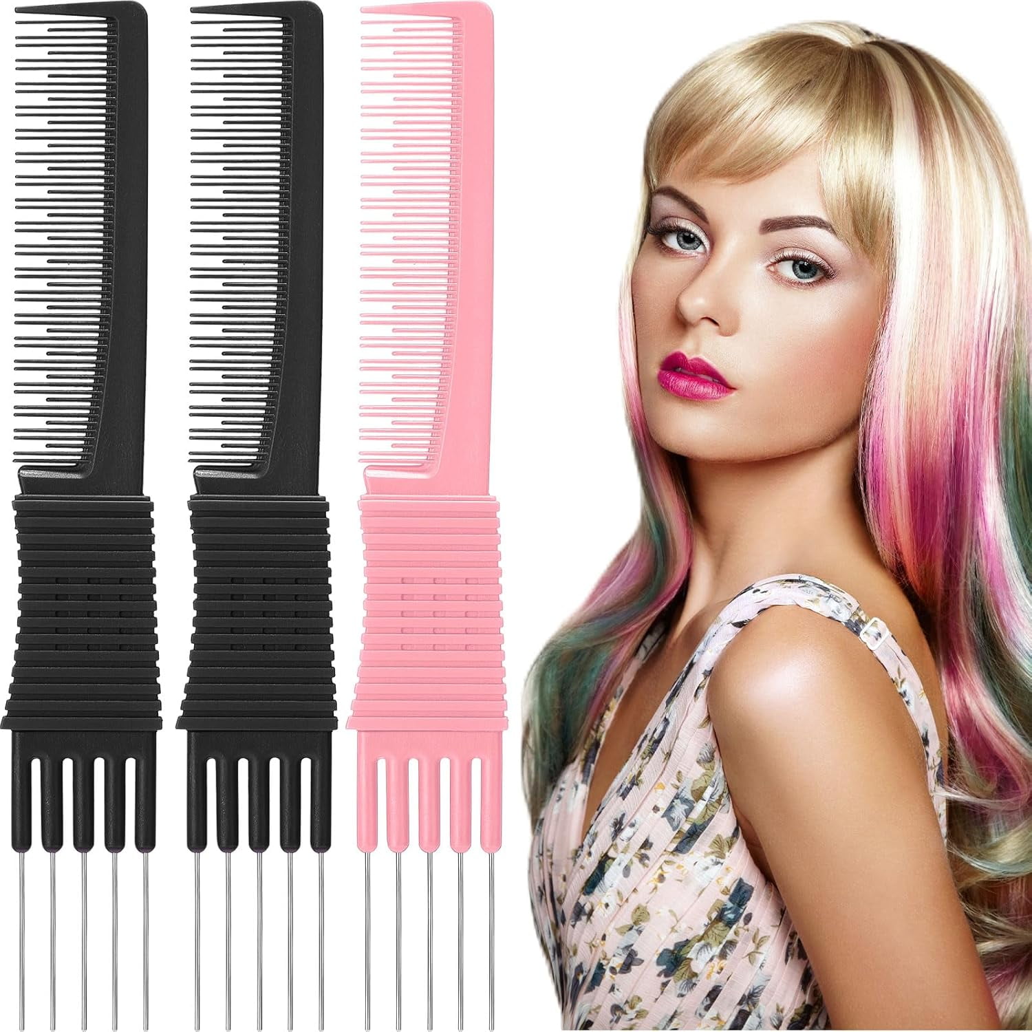 3 Pack Teasing Combs with Metal Prong, Salon Back Combs with Stainless ...