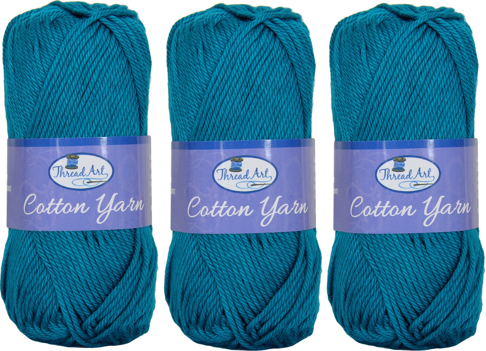 Threadart Crochet Yarn, 3 Pack, 100% Cotton, Teal, Medium #4, 50g ...