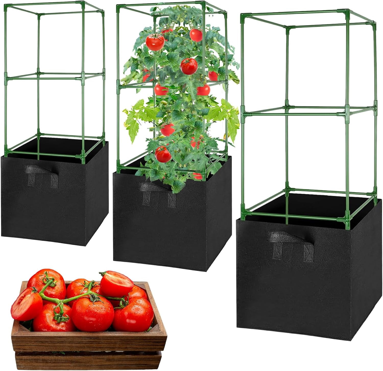 3 Pack Tomato Cages with 17 Gallon Grow Bags, 47” Heavy Duty Square ...