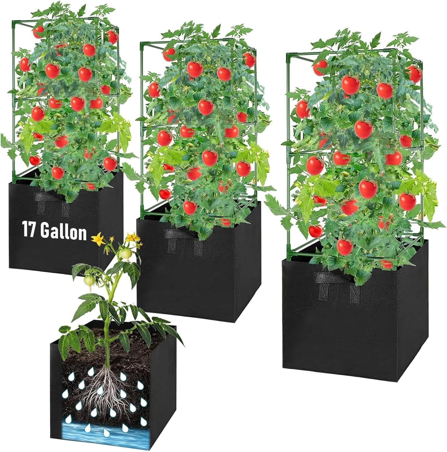 3 Pack Tomato Cages with 17 Gallon Grow Bags, 47” Heavy Duty Square ...