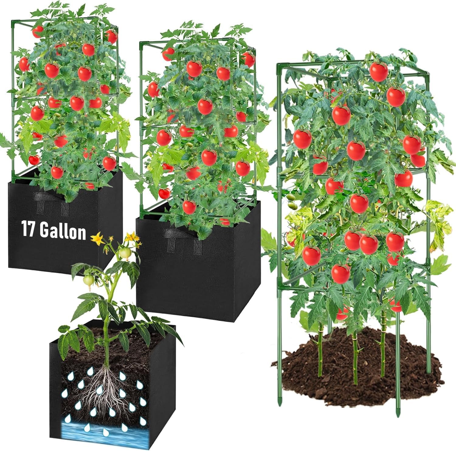 3 Pack Tomato Cages with 17 Gallon Grow Bags, 47” Heavy Duty Square ...