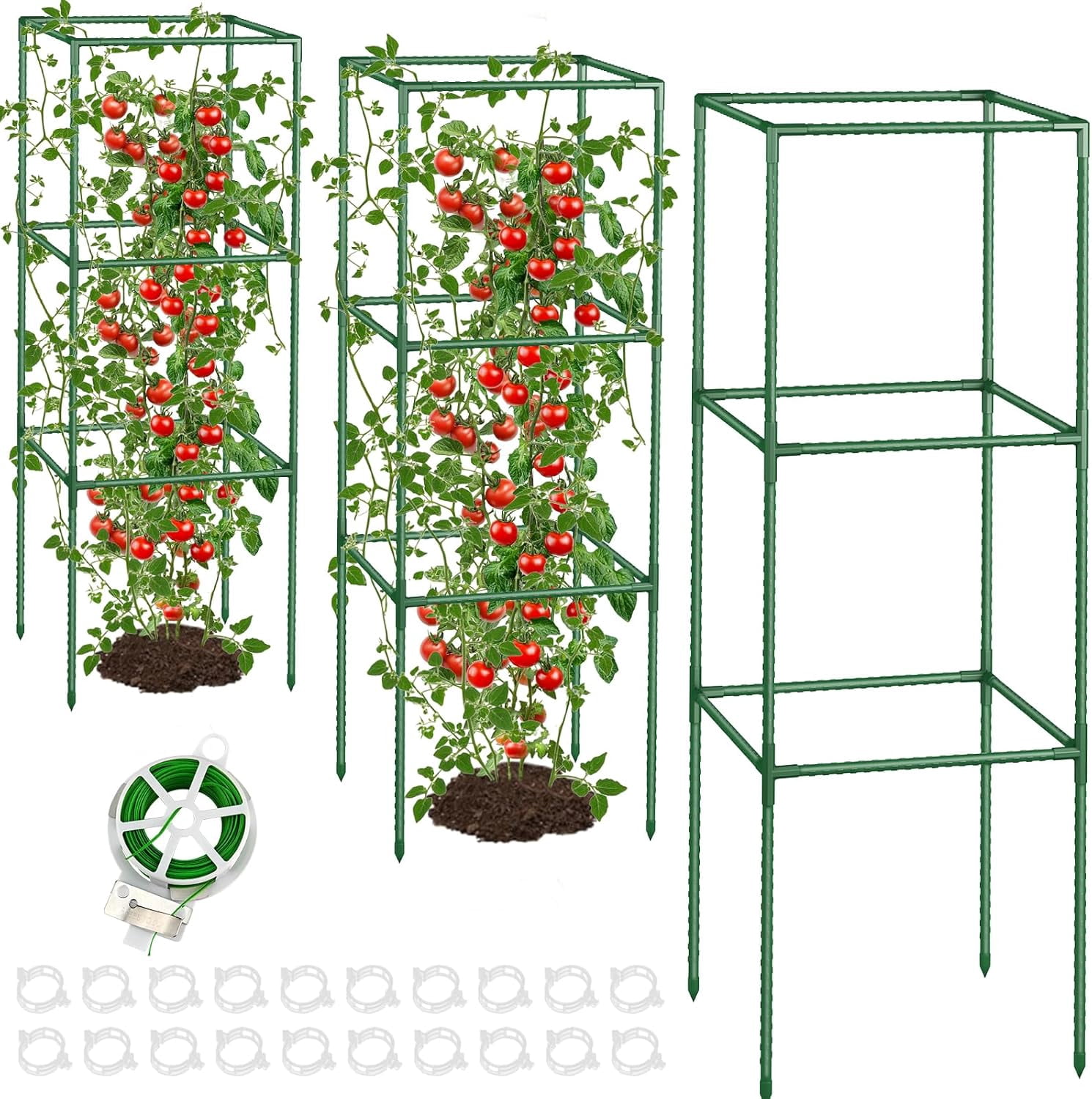 3 Pack Tomato Cages with Clips & Garden Wire, Outdoor Heavy Duty Steel ...