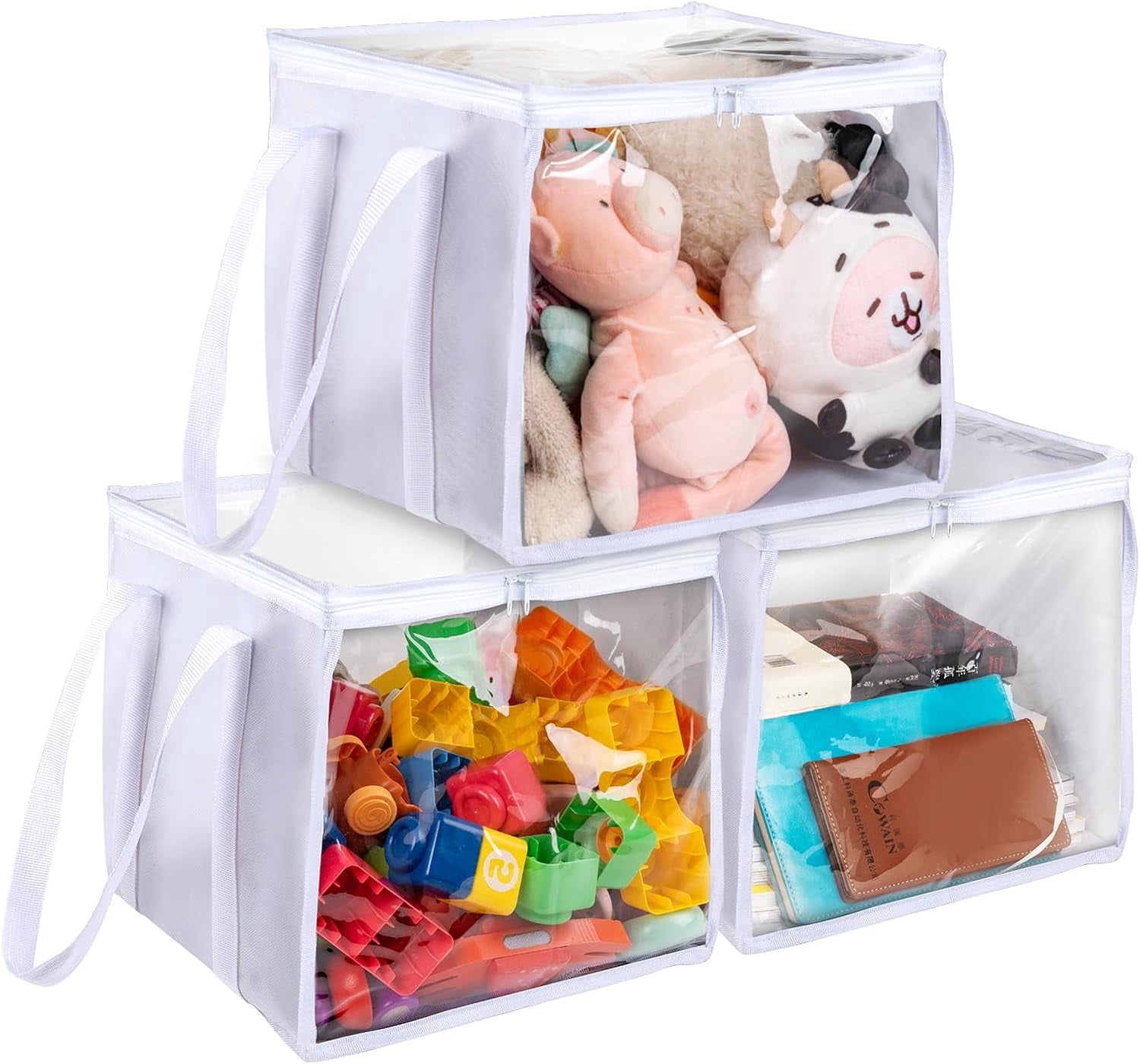 3 Pack Toy Storage PVC Boxes Storage Bins with Transparent Lid, Durable ...