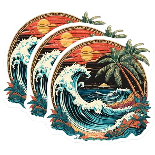 (3 Pack) Tropical Beach Decals - Sunset Palm Tree - Ocean Wave Stickers ...
