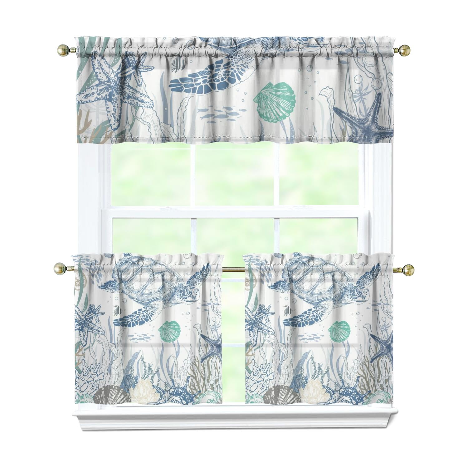 3 Pack Tropical Sea Turtle Tier Curtains - Nautical Ocean Animal Print ...