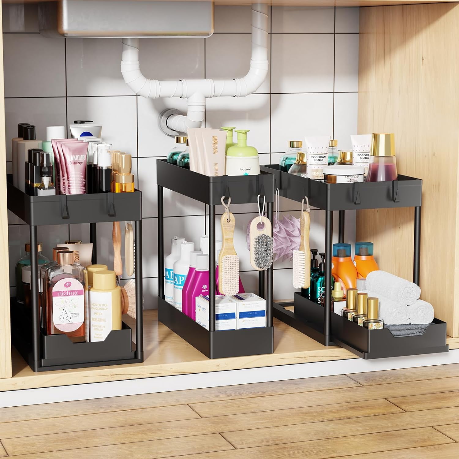 3 Pack Under Sink Organizer, Pull-Out Cabinet Organizer Drawer, 2 Tier ...