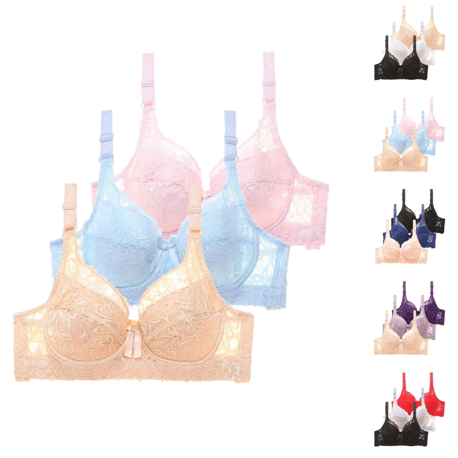 3 Pack Underwire Bras for Women Cute Lace Bow Design Adjustable Straps ...