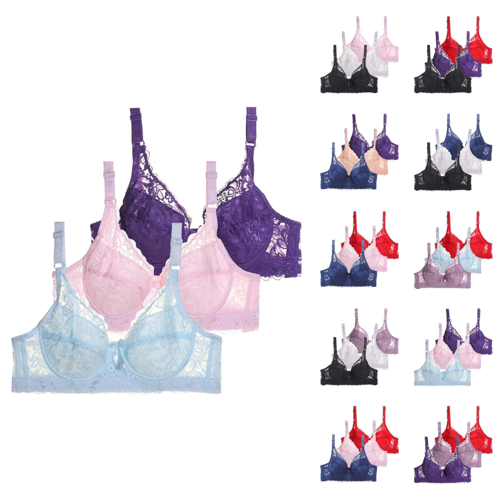 3 Pack Underwire Bras for Women Sexy Lace Bow Design Adjustable Straps ...
