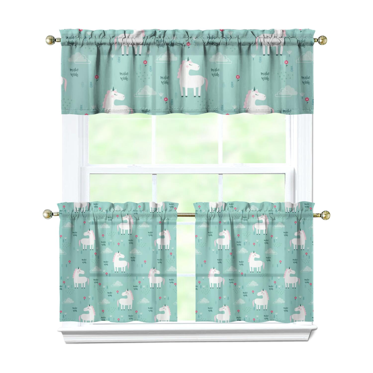 3 Pack Unicorn Print Kitchen Curtains Set - 54x18 Inch Valance & 2 Tier ...