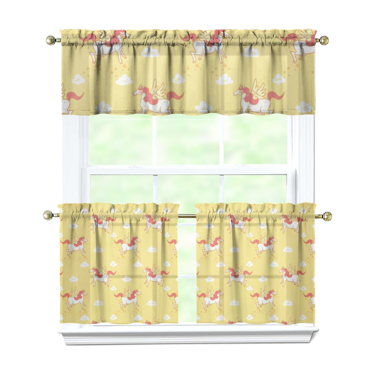3 Pack Unicorn Print Kitchen Curtains Set - 54x18 Inch Valance & 2 Tier ...